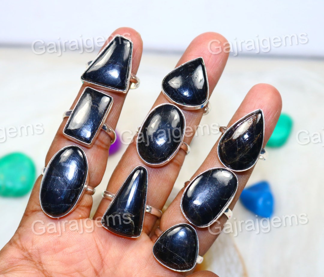 Black Hypersthene Gemstone Ring: 925 Silver Plated Bezel, Adjustable - Etsy