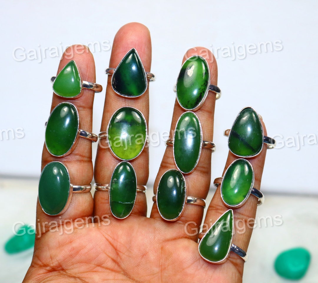 Nephrite Jade Gemstone Ring, Natural Nephrite 925 Silver Plated Bezel ...