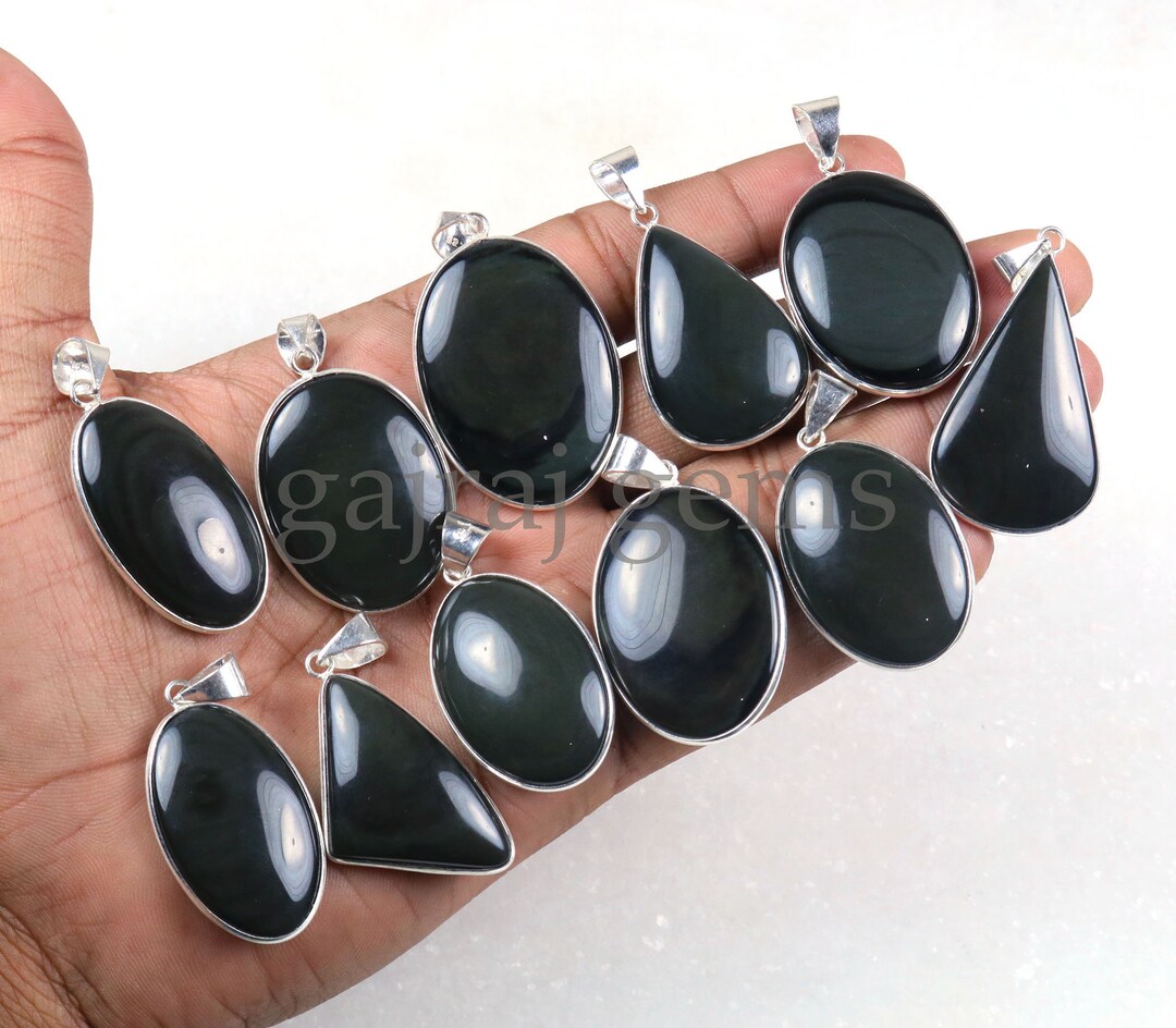 Natürlicher schwarzer Obsidian Edelstein 925 Solid Silber Anhänger ...
