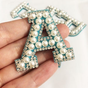 3D Blue Letter Pearl Rhinestone Iron on Patches English Alphabet Beaded ...