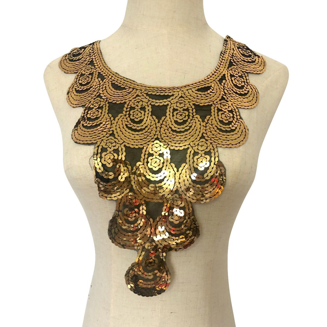 Gold Sequin Collar Lace Fabric Patch Tassel Beads Embroidery Sew on ...