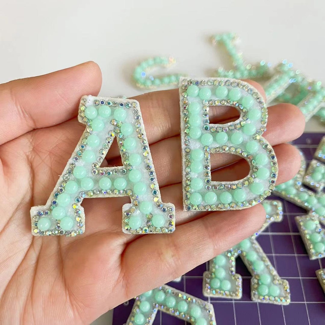 3D Green Letter Pearl Rhinestone Iron on Patches for Clothing Hat Shoes ...