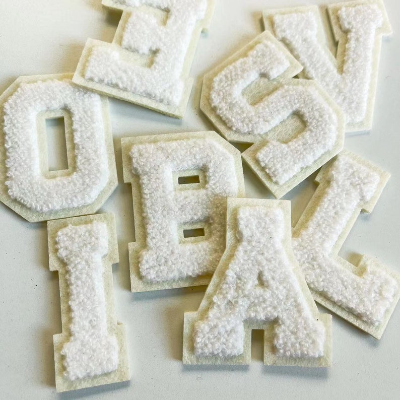 White Chenille Embroidered Letters Sewn on Applique Patches for ...