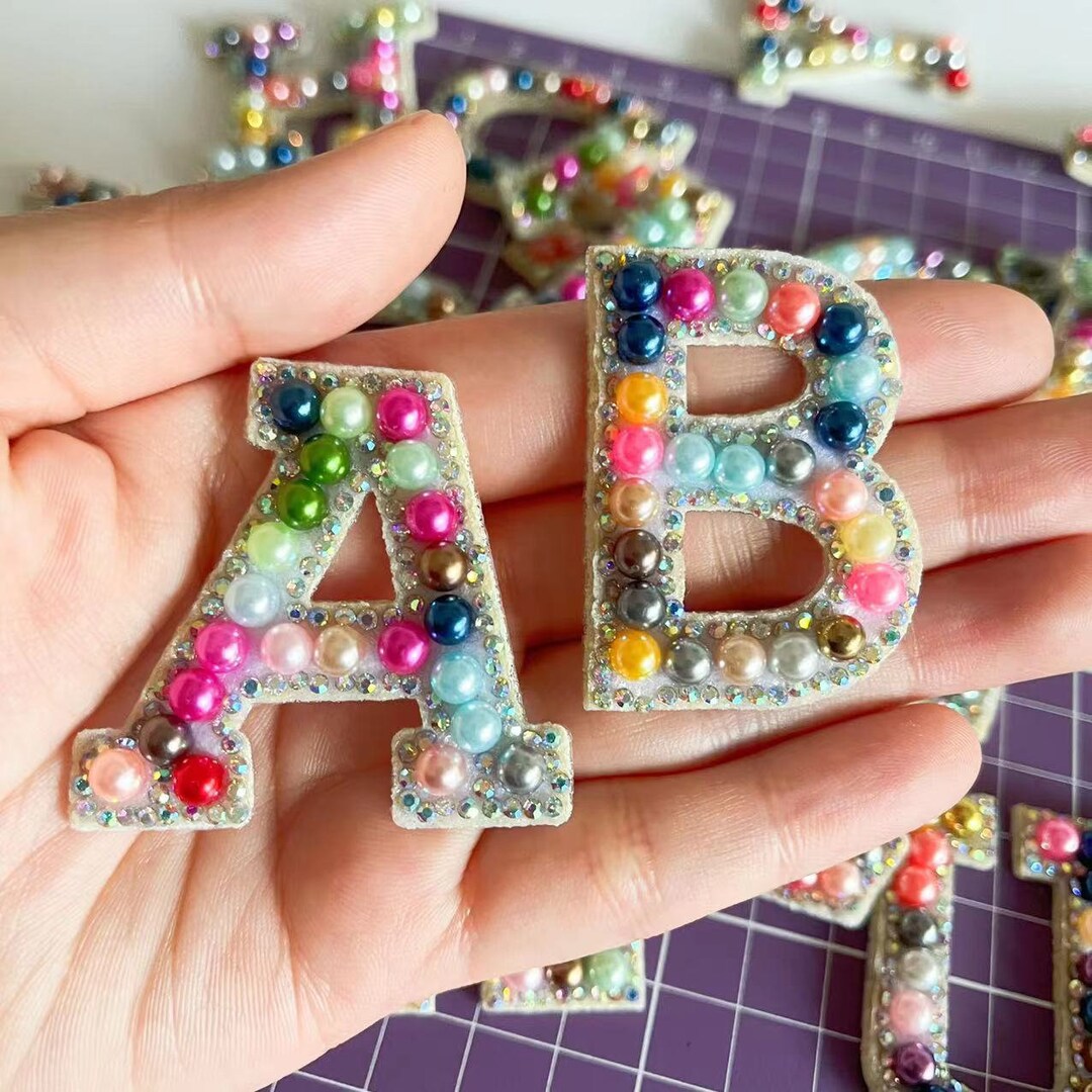 3D Color Letter Pearl Rhinestone Iron on Patches English Alphabet ...