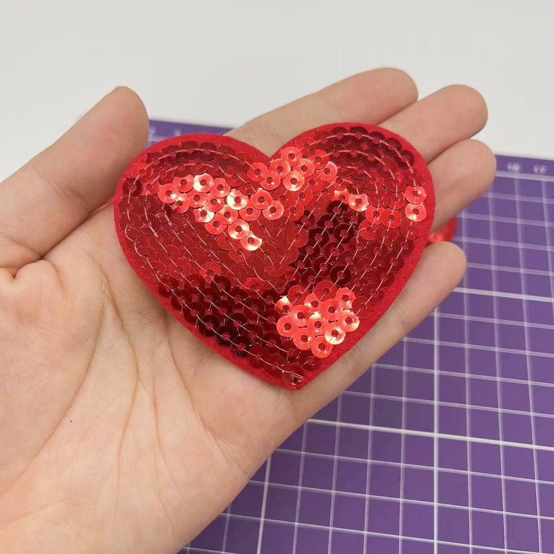 Red Heart Sequined Iron on Patch Applique Diy Embroidered Patches for ...