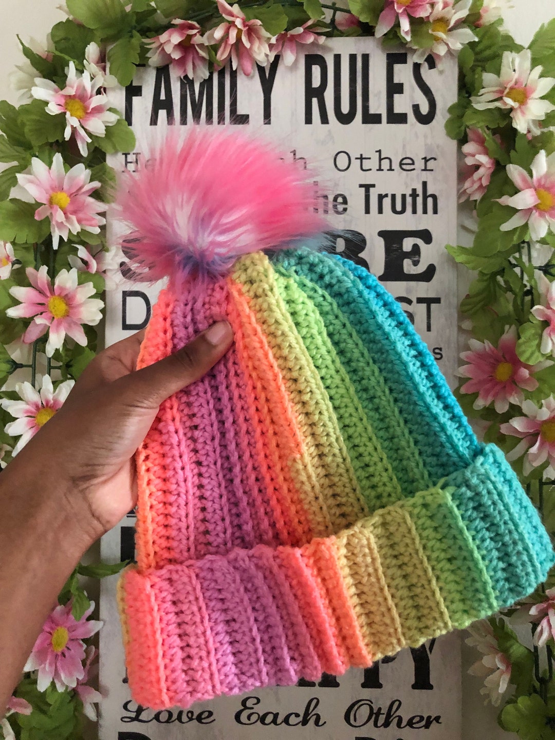 Tik Tok Beanie Hat, Pastel Rainbow Crochet Hat, Crochet Winter Beanie ...