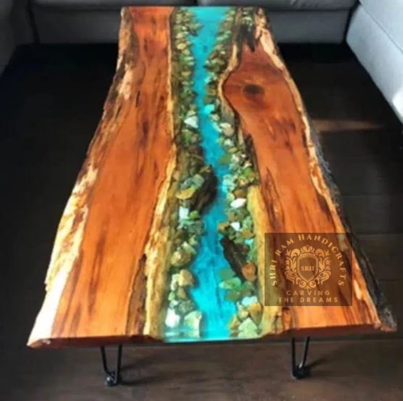 Live Edge Epoxy Table Turquoise Green Epoxy River Tabletop Blue Epoxy ...