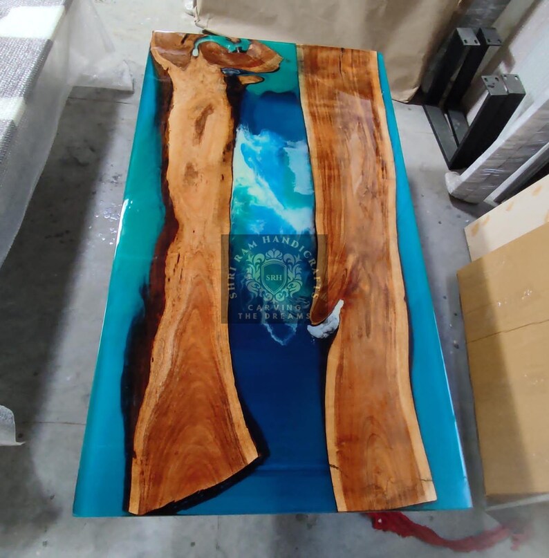 Cloud Image in Epoxy River Table Aqua Blue Color Under Water Swirl ...