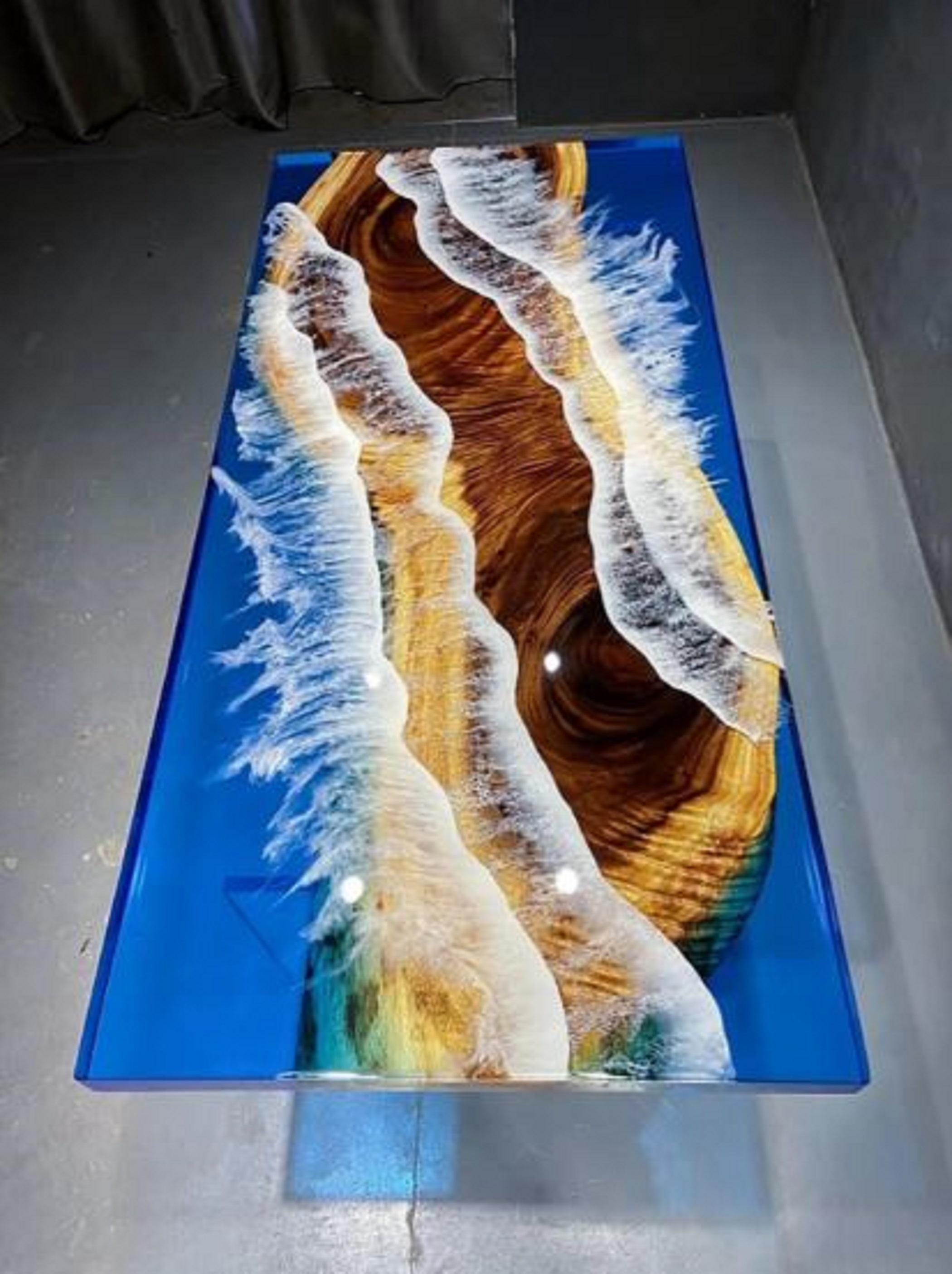 Handmade Epoxy Resin River Table, Live Edge Blue Ocean Design - Etsy