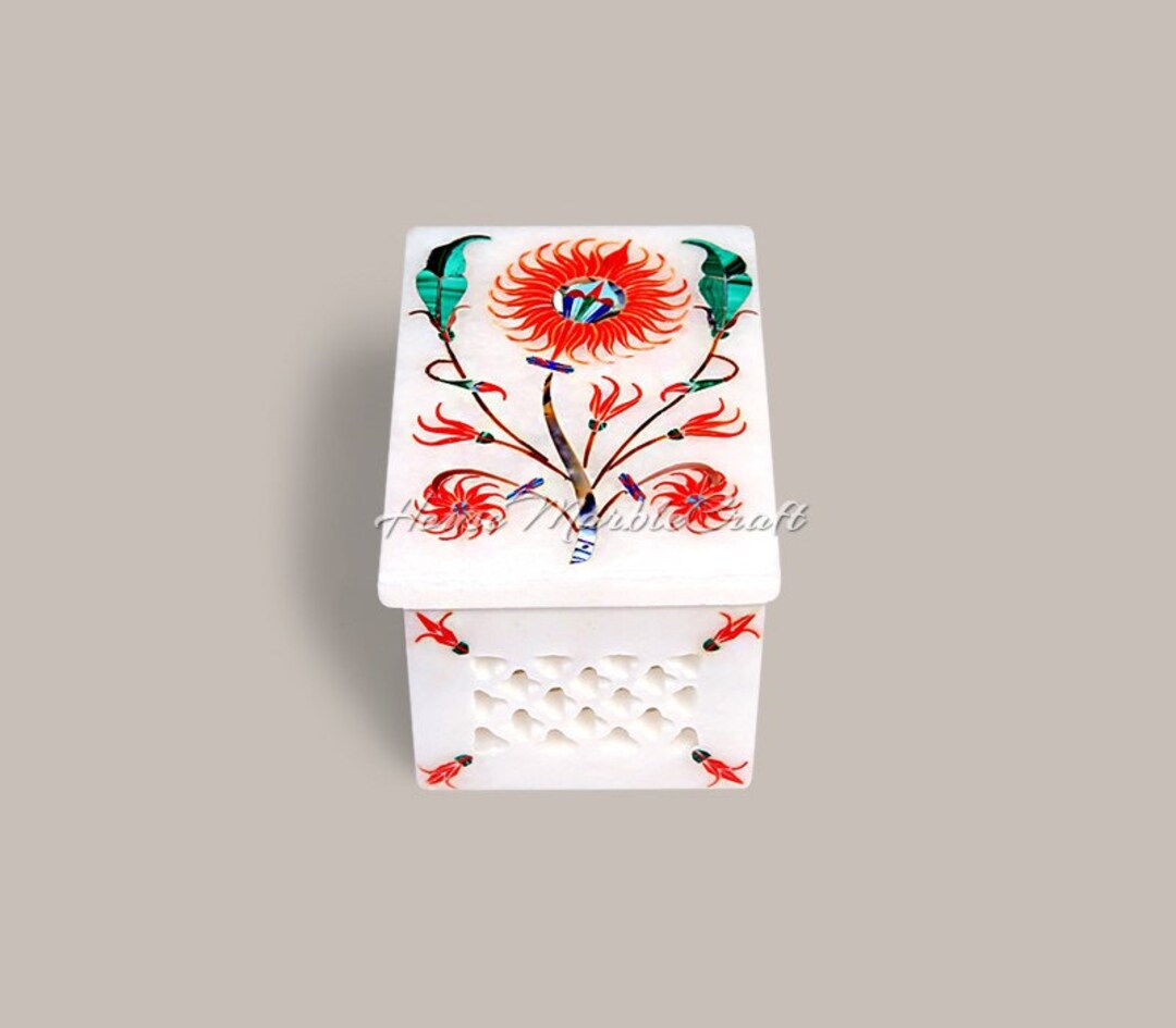 Sunflower Marble Inlay Box With Lattice Work Custom Box Carnelian Semi ...