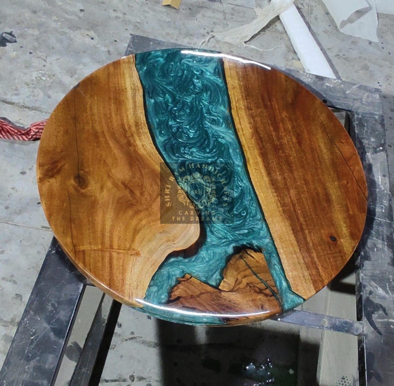 Round Epoxy Resin River Table, Pine Green Water Swirl Decor - Etsy