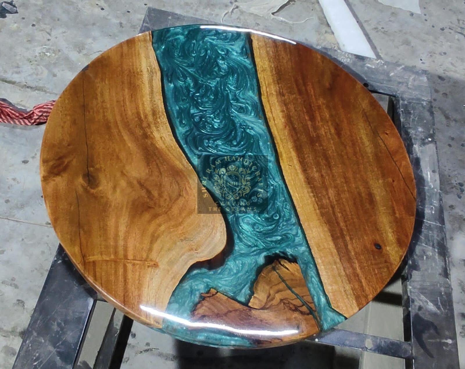 Round Epoxy Resin River Table, Pine Green Water Swirl Decor - Etsy