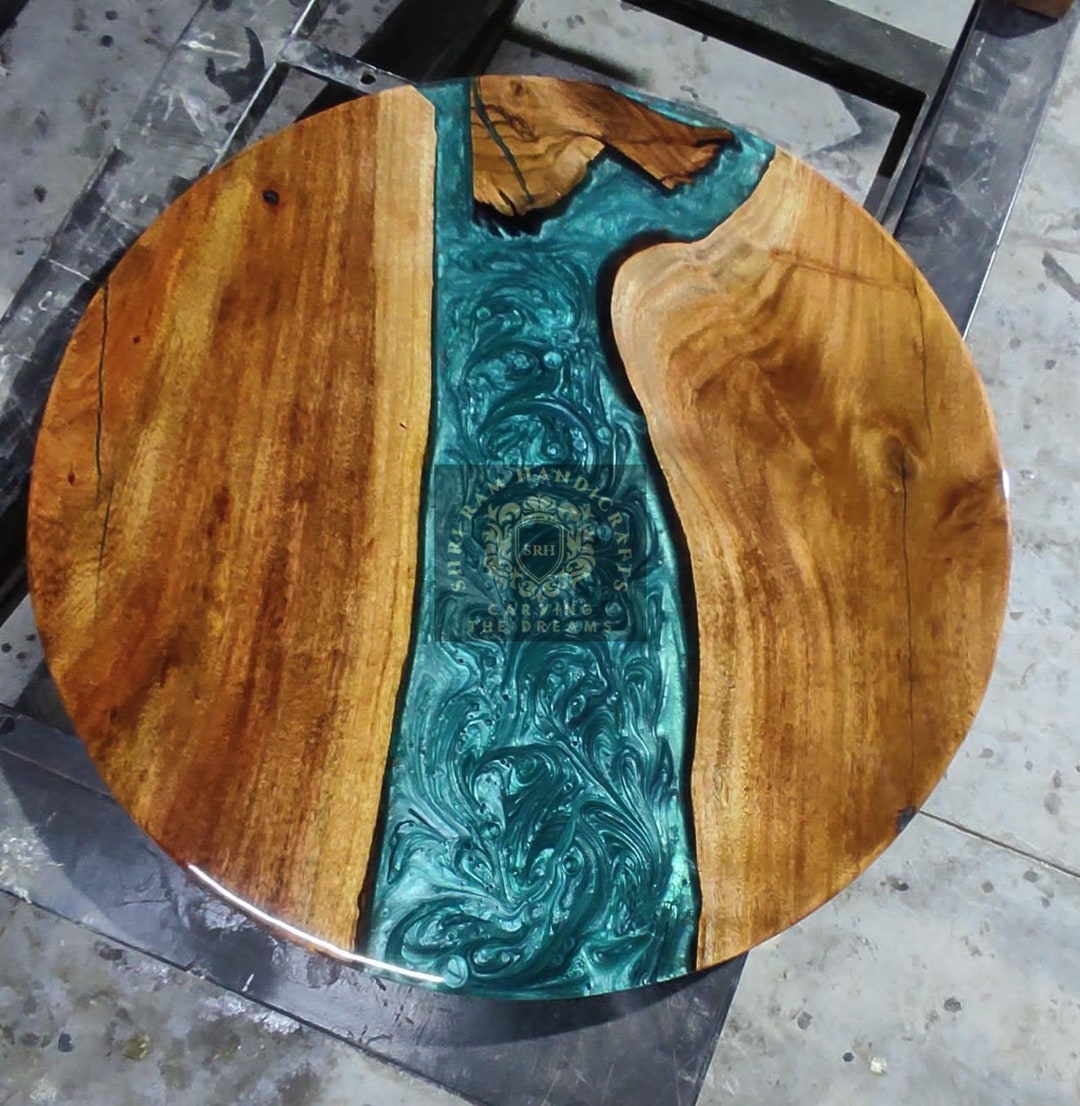 Round Swirl Epoxy Resin River Table With Pine Green Solid Color River ...