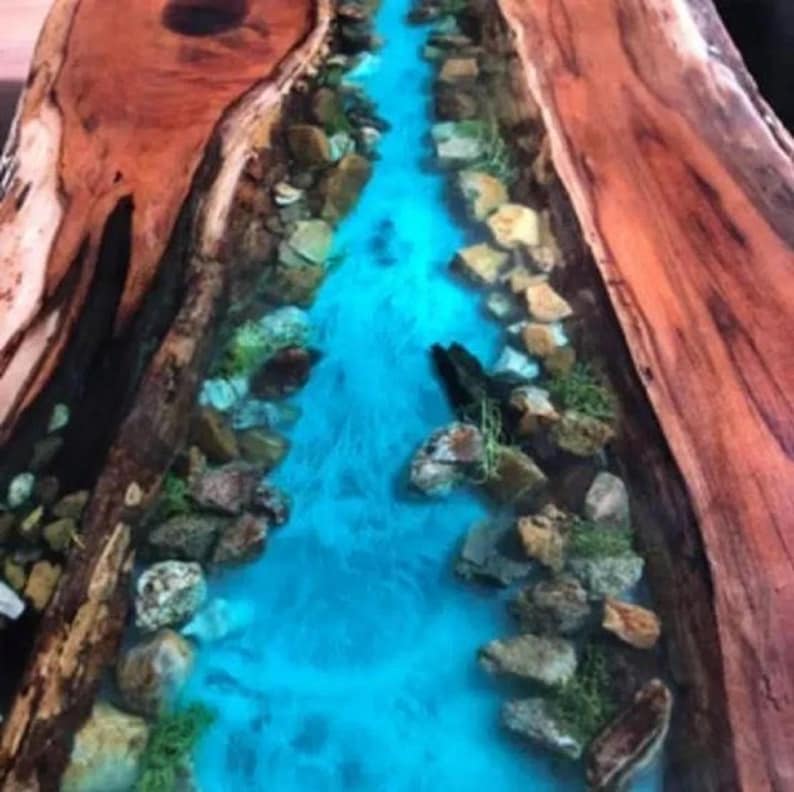 Live Edge Epoxy River Table: Turquoise Green Resin, Rock Bed - Etsy
