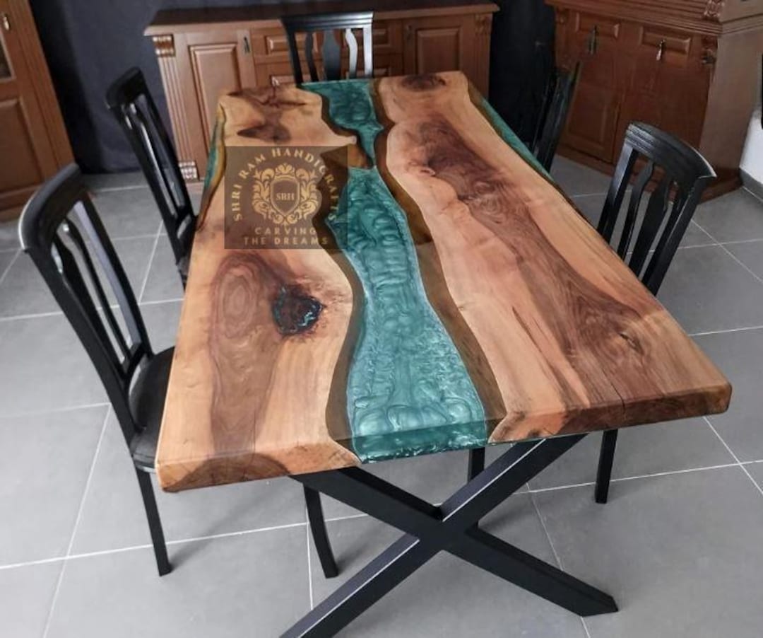 Green Epoxy Resin River Table, Live Edge Acacia Wood Dining Table - Etsy