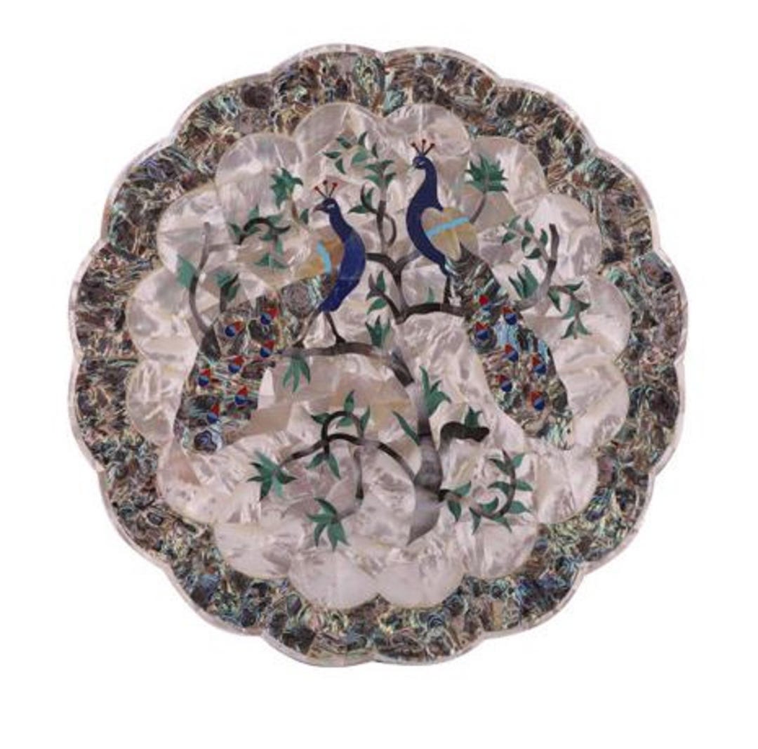Marble Inlay Serving Plate Inlaid With Semi Precious Stones Peacock ...