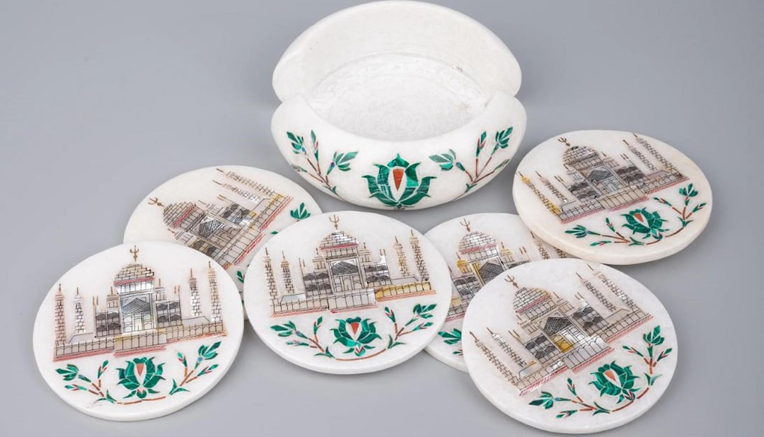 Marble Inlay Coaster Set Taj Mahal Inlay Design With Mother of Pearl ...