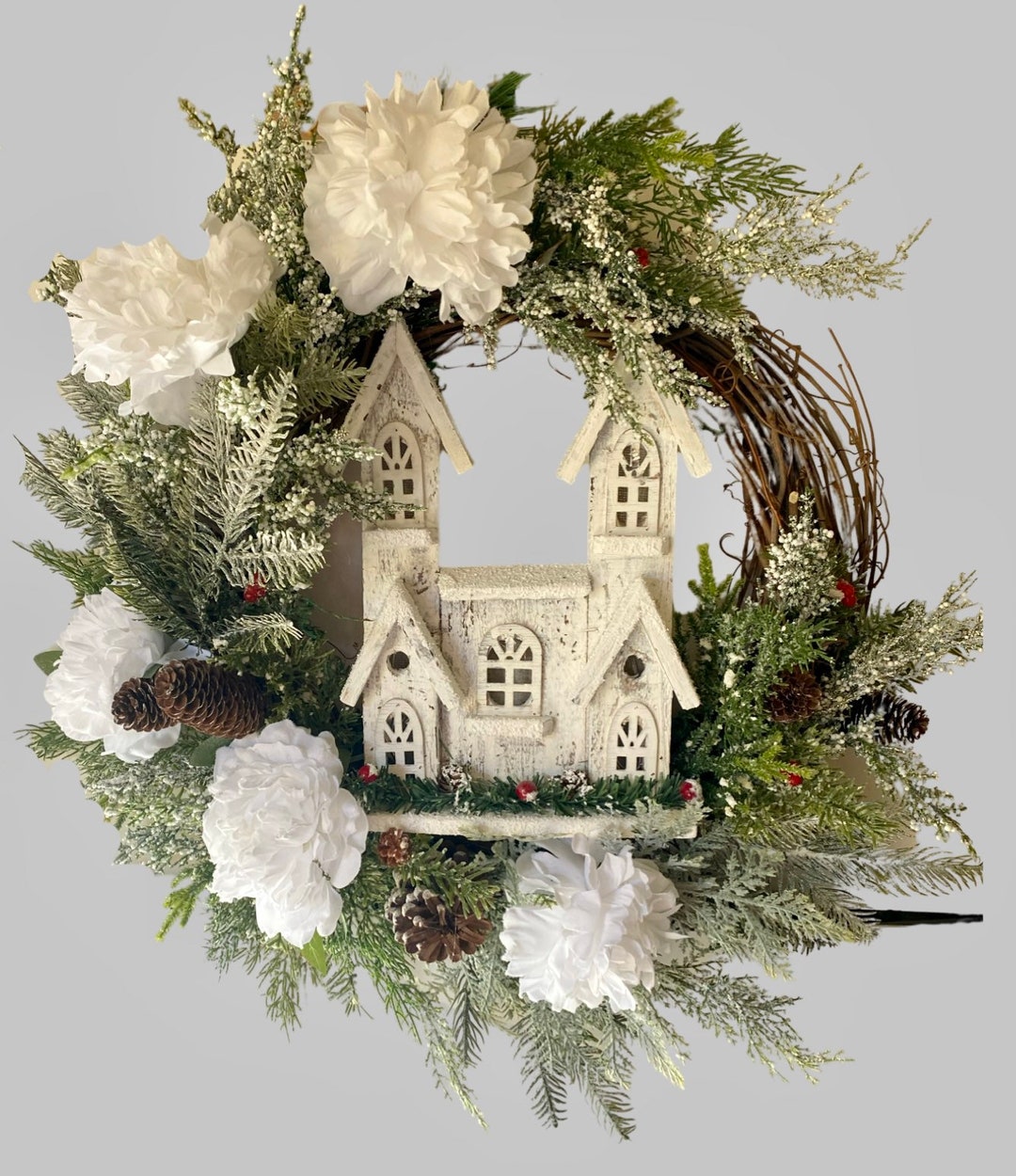 Flocked Rustic Natural Lighted Church Wreath Winter Pine - Etsy