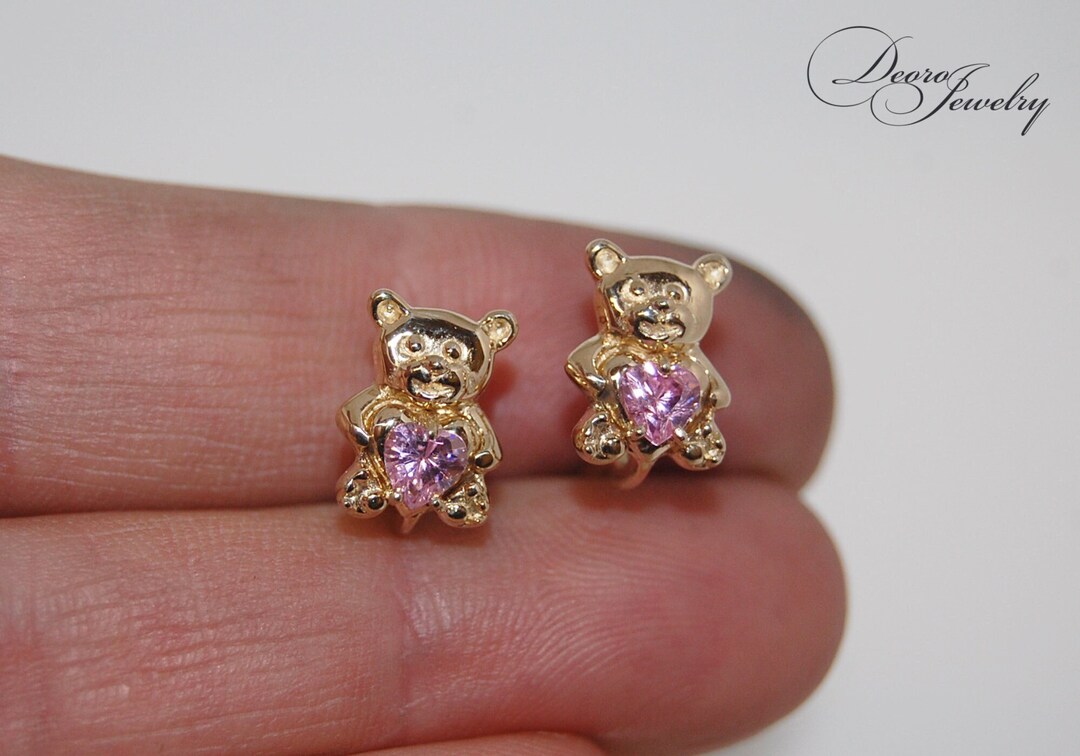 Teddy Bear Yellow Gold Earrings With Pink Zirconia, Earrings for Women ...