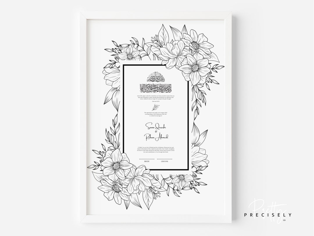 Minimal Floral Nikah Nama | Floral Outline Islamic Wedding Contract ...