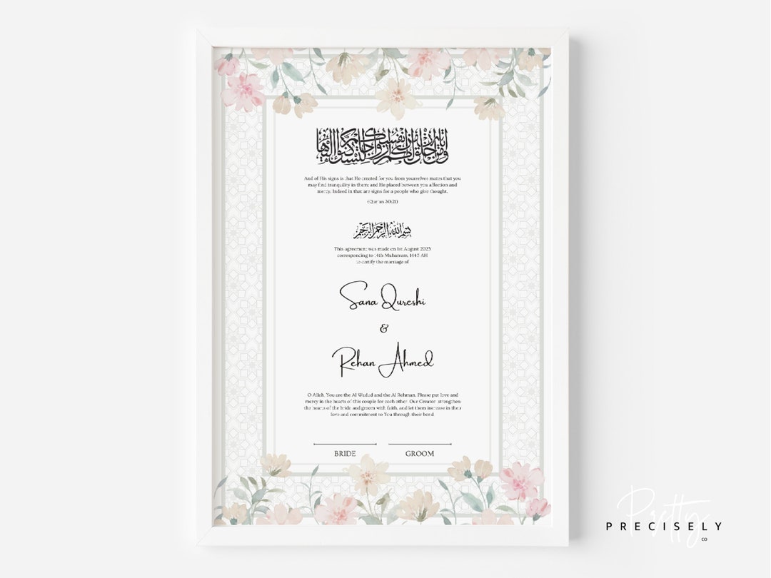 Floral Nikah Nama | Watercolor Floral Islamic Wedding Contract | Pastel ...