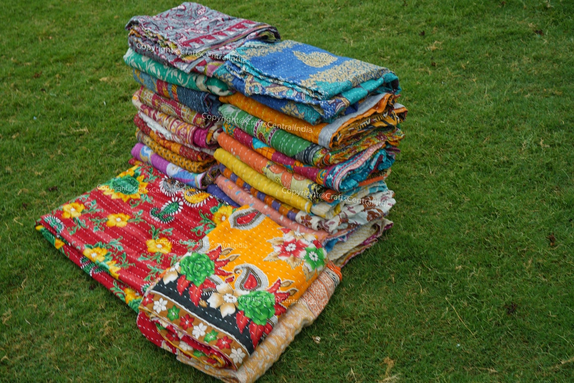 Cotton Kantha Quilt Indian Handmade Reversible twin Bed Cover | Etsy