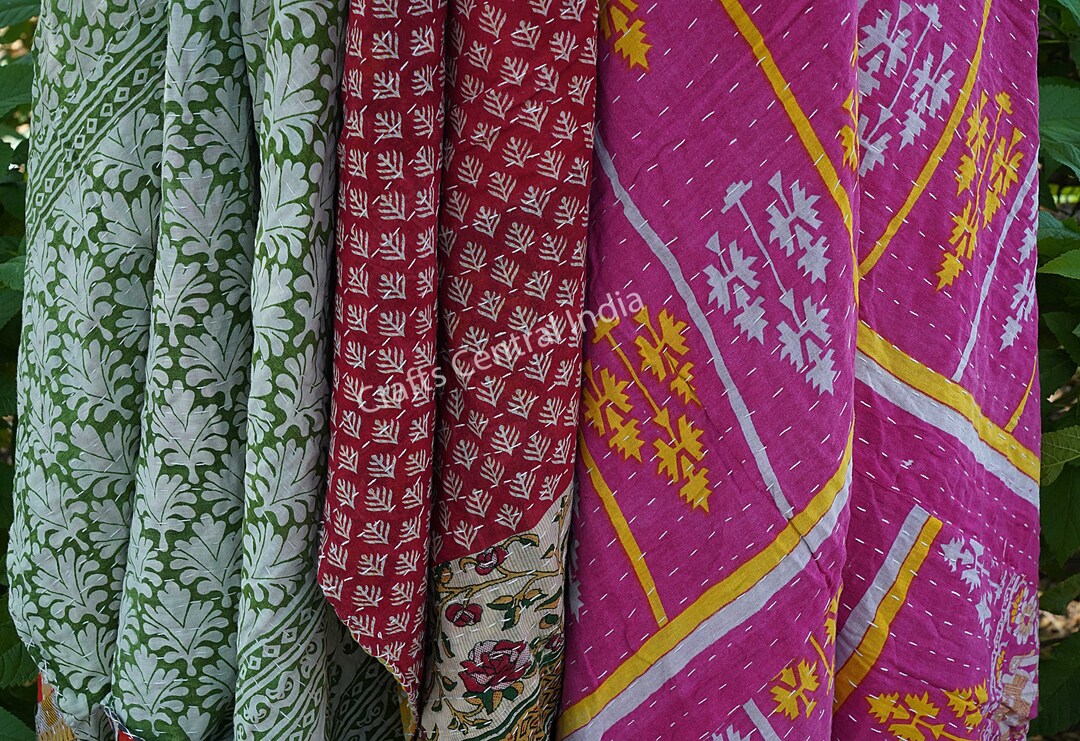 Bohemian Kantha Quilt Indian Vintage Twin Bedspread Throw Blanket ...