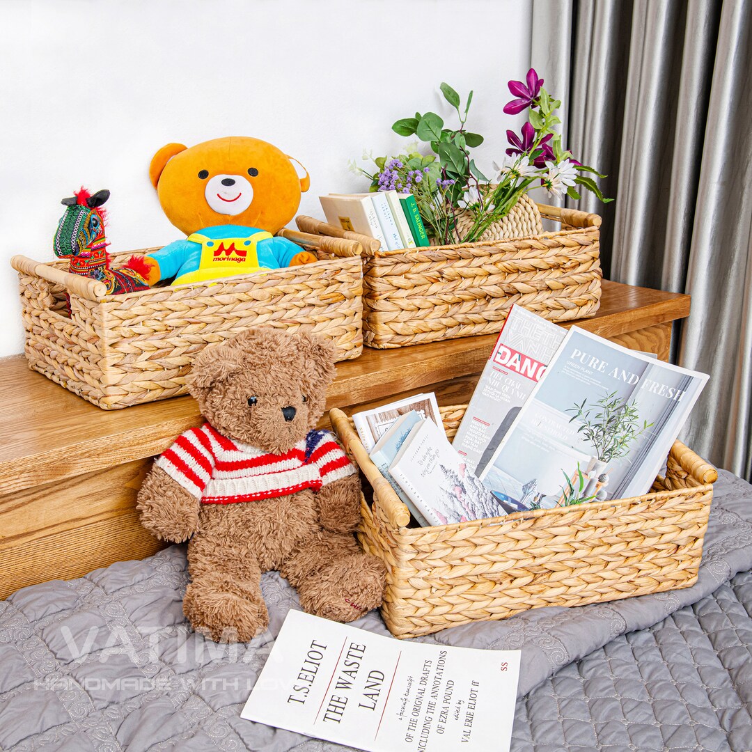 3-pack Large Rectangular Water Hyacinth Baskets Natural Wicker With ...