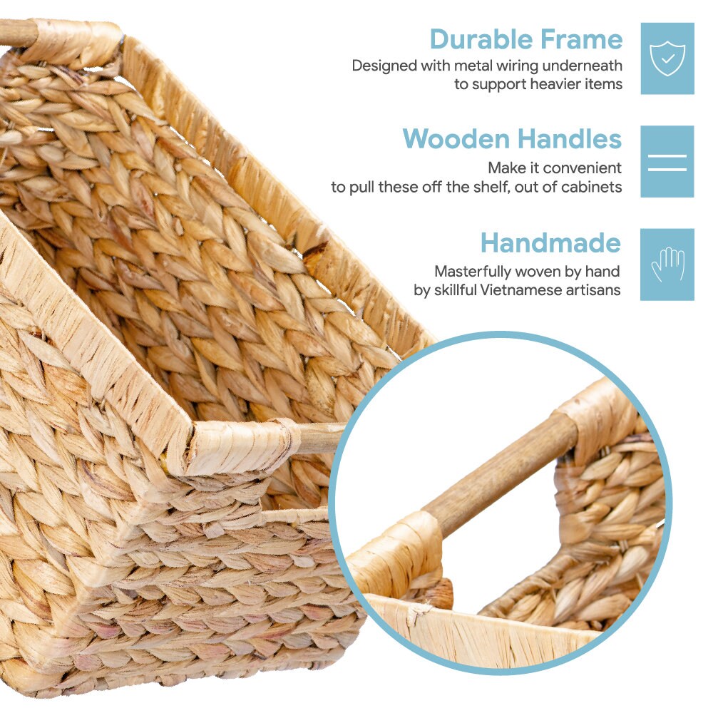 3-pack Large Rectangular Water Hyacinth Wicker Baskets With Wooden ...