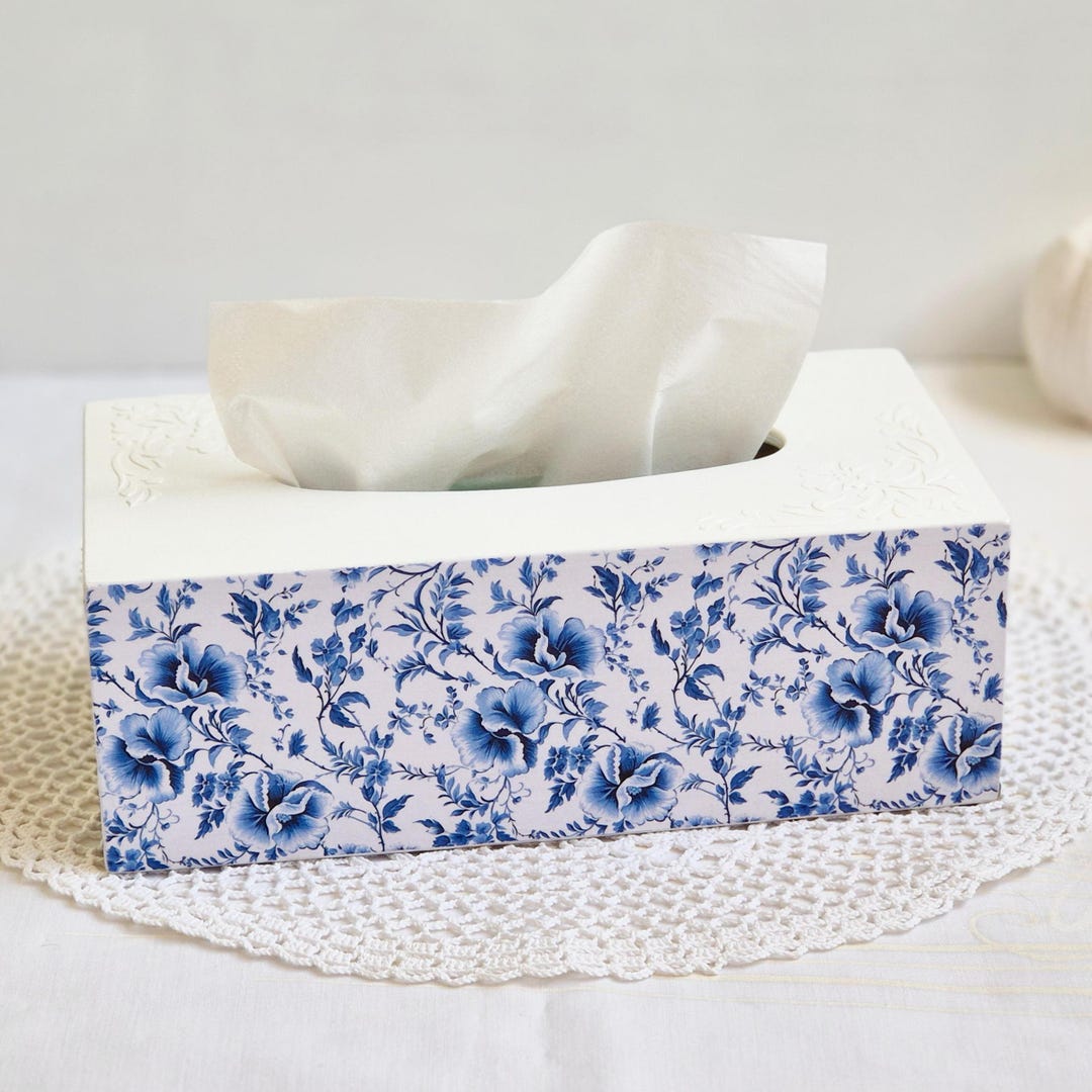 White Tissue Box Cover With Blue Floral Ornament, Floral Tissue Box ...