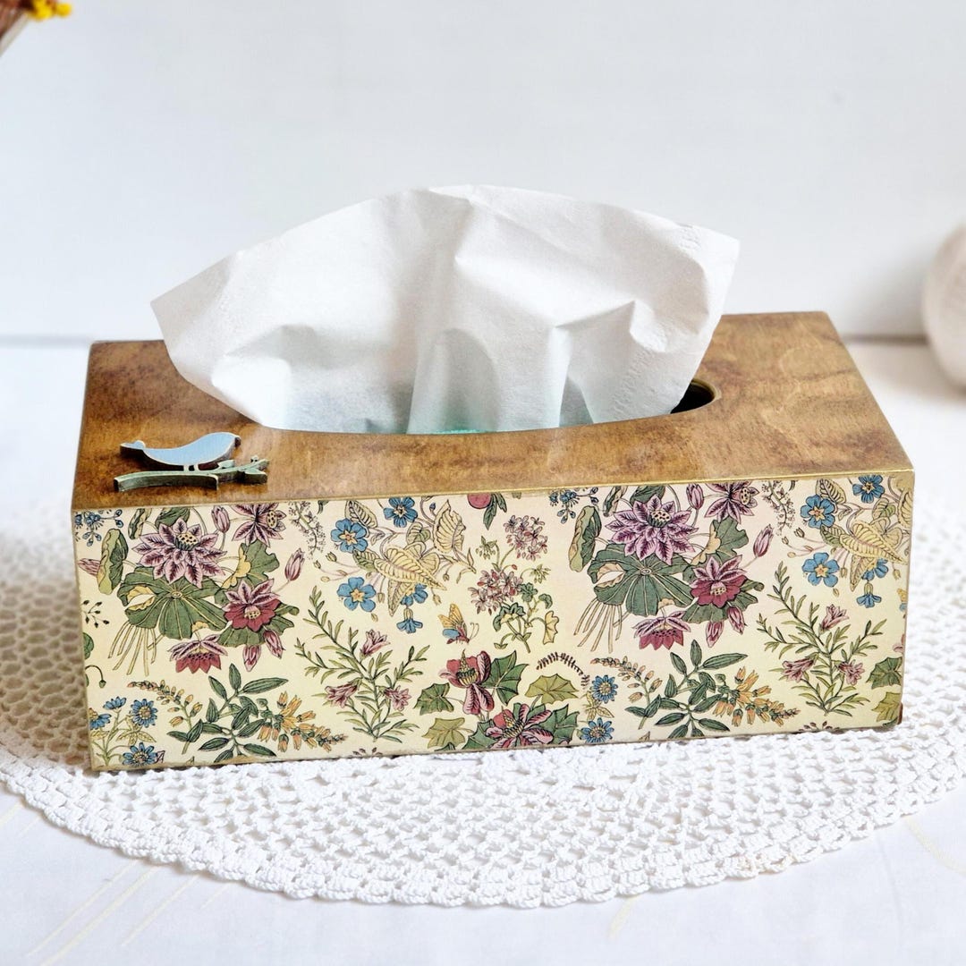 Decorative Floral Tissue Box Cover in Vintage Style, Rectangular Wooden ...
