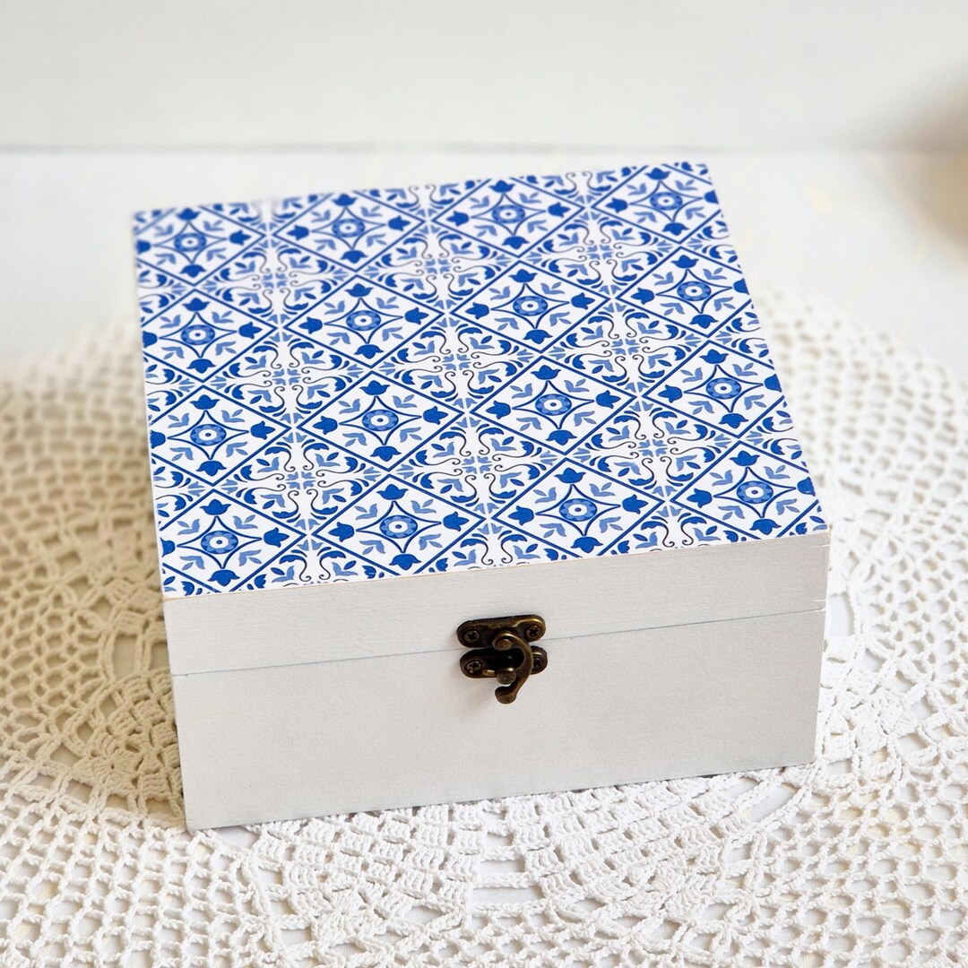 Handcrafted Wooden Tea Box, White / Blue Decorative Tea Bag Holder, 4 ...