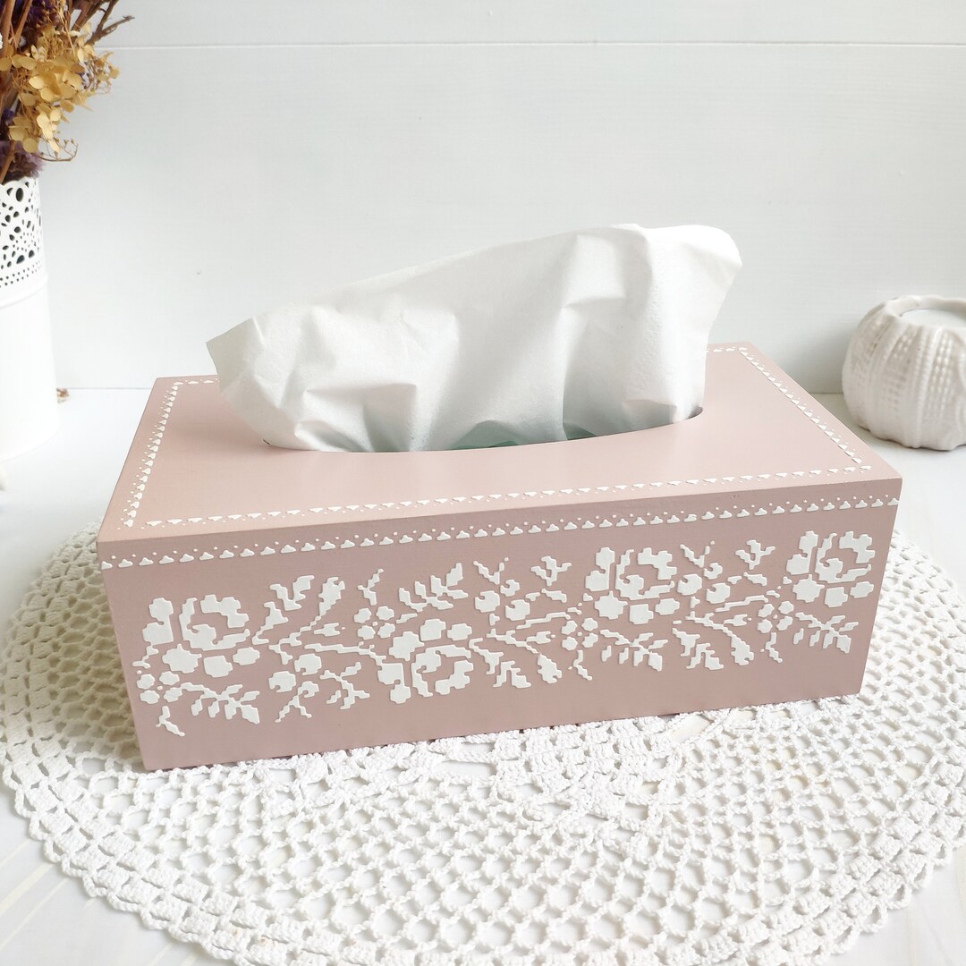 Tissue Box Cover With White Roses, Rectangular Tissue Box Holder, Pink ...