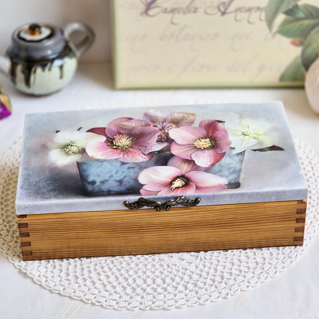 Wooden Tea Box, Large Tea Bag Holder for 8 Compartments, Floral Tea Box ...