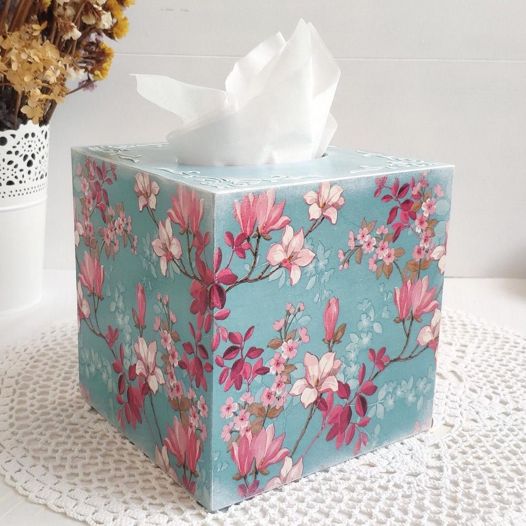 Tissue Box Cover With Magnolia, Floral Tissue Box Holder, Wooden Blue ...