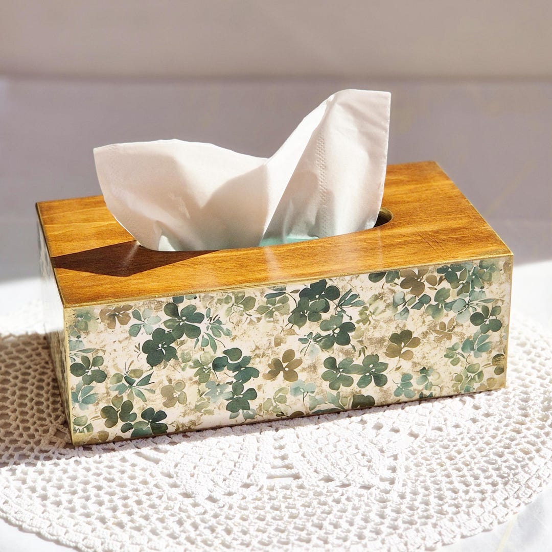Wooden Tissue Box Cover With Green Ornament, Floral Tissue Box Holder ...