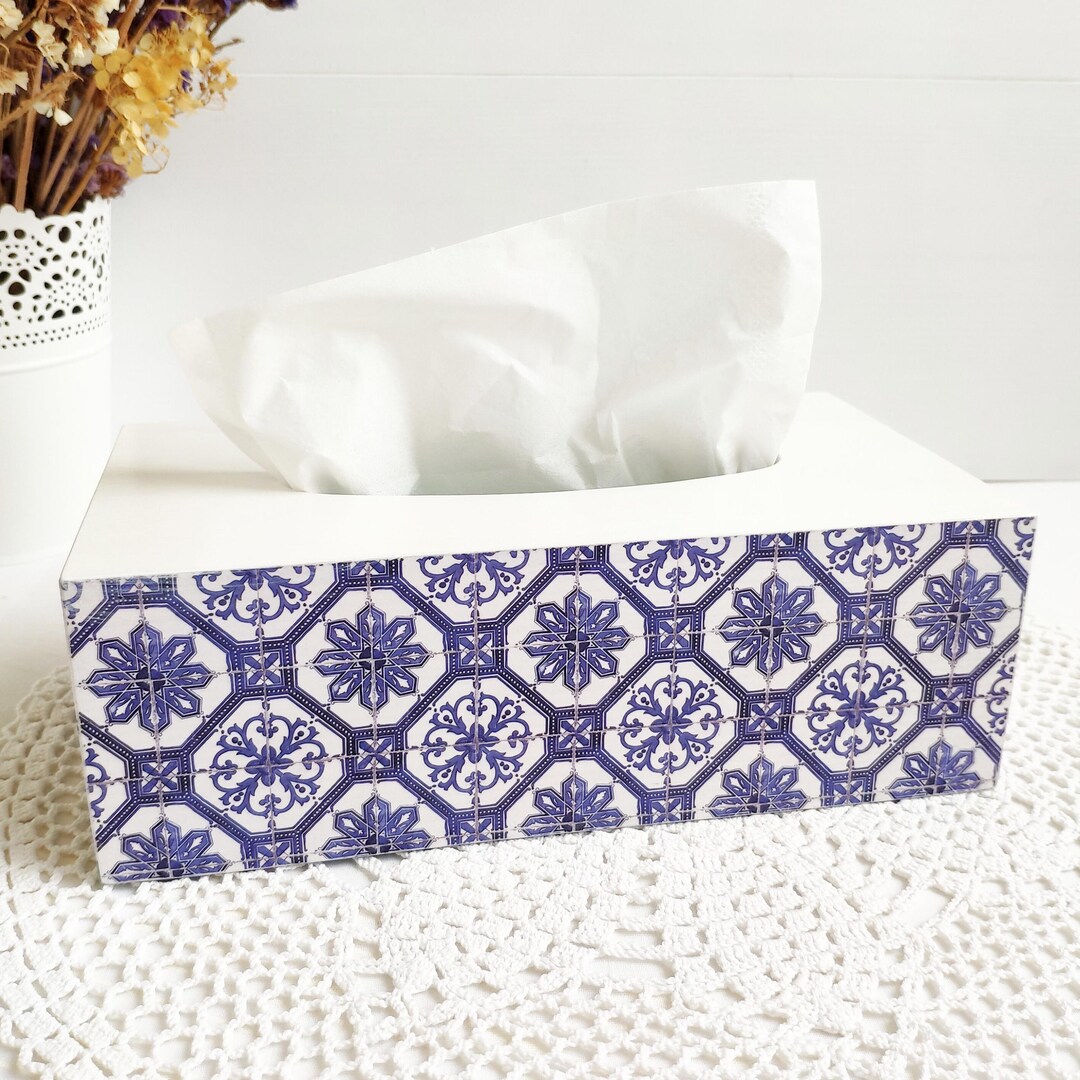 Tissue Box Cover With Blue Tiles, Wooden Tissue Box Holder, White ...
