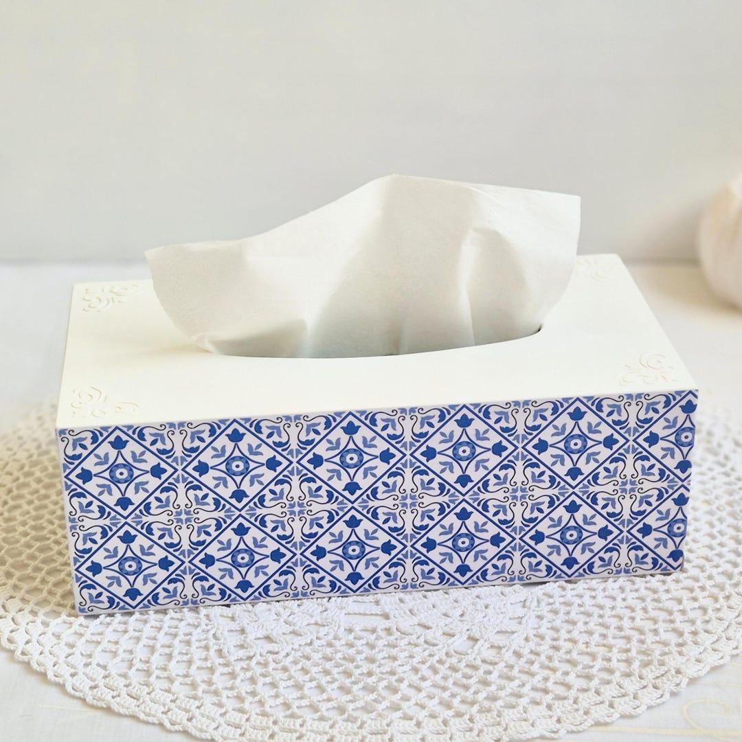White Tissue Box Cover With Blue Tiles, Tissue Storage, Wooden Tissue ...