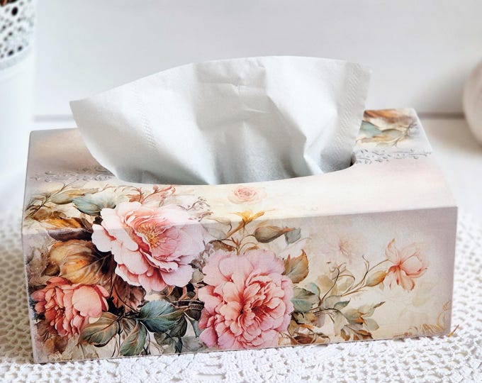 Decorative Floral Tissue Box Cover in Vintage Style, Rectangular Wooden ...