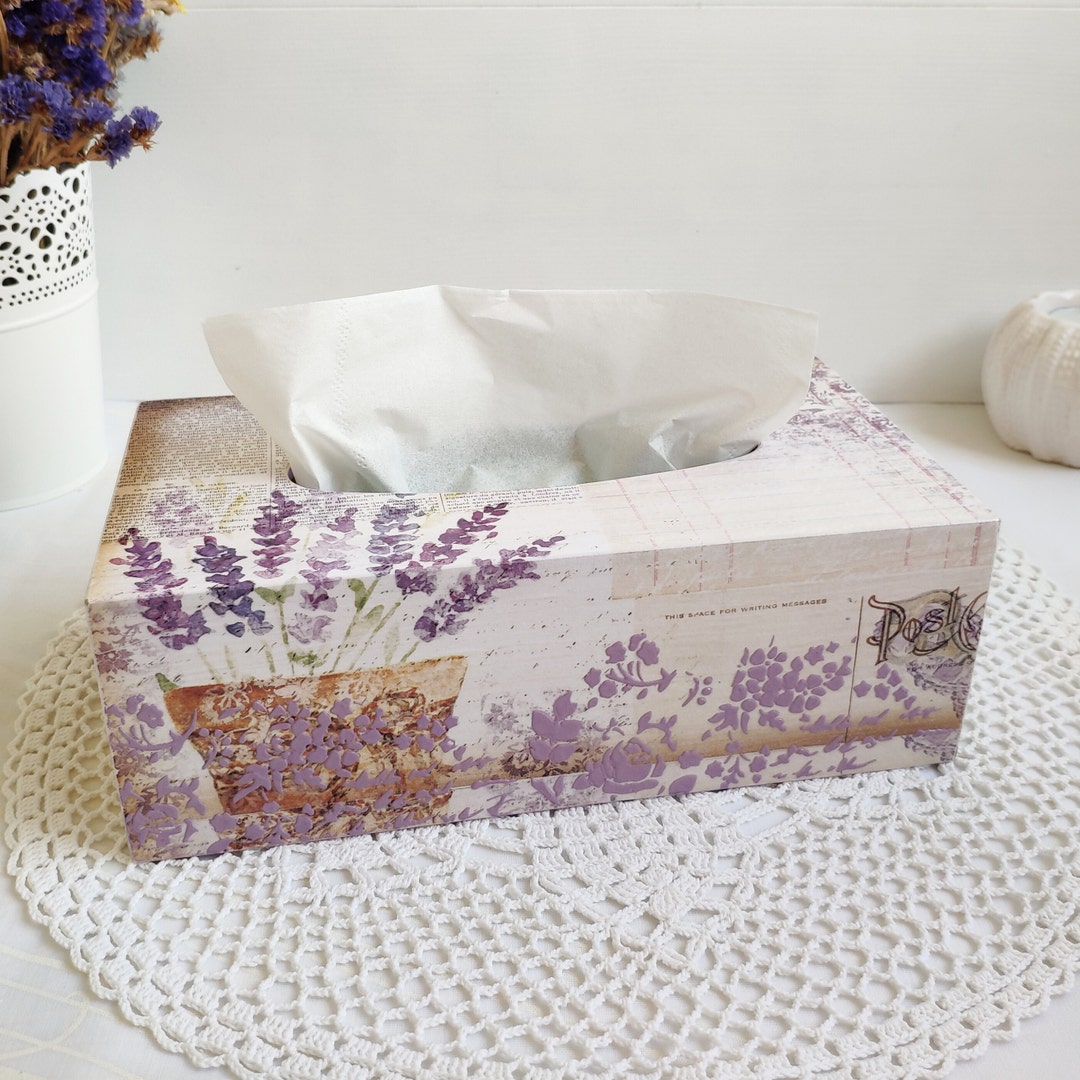 Handmade Wooden Tissue Box Cover, Floral Tissue Box Cover, Lavender ...