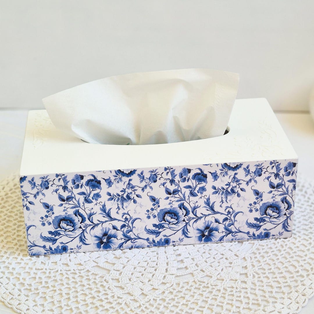 White Tissue Box Cover With Blue Floral Ornament, Wooden Tissue Box ...