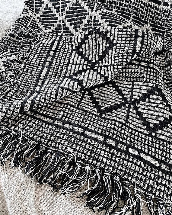 Woven Black Cotton Monochrome Throw - Etsy UK