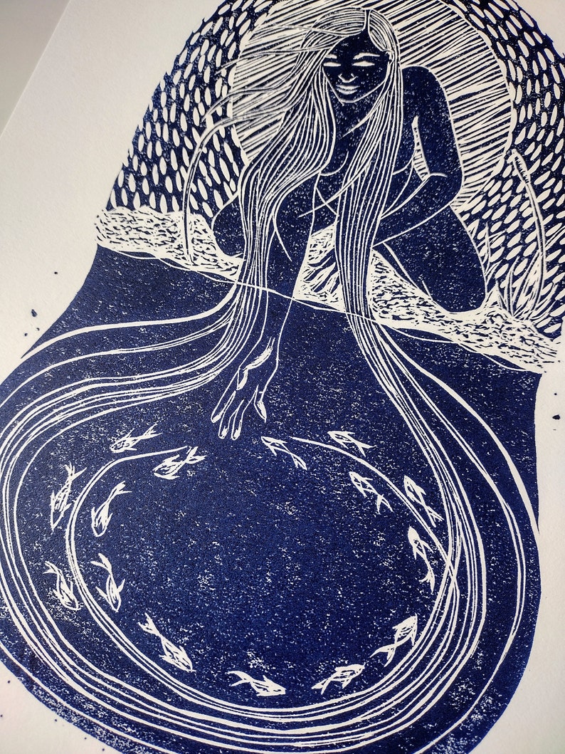 Infinite Flow Linocut Art Print: Handprinted Woman & Fish - Etsy