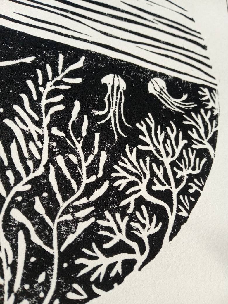 Underwater Garden Print, Linocut Print, Lino Art, Sea Themed Art Print ...