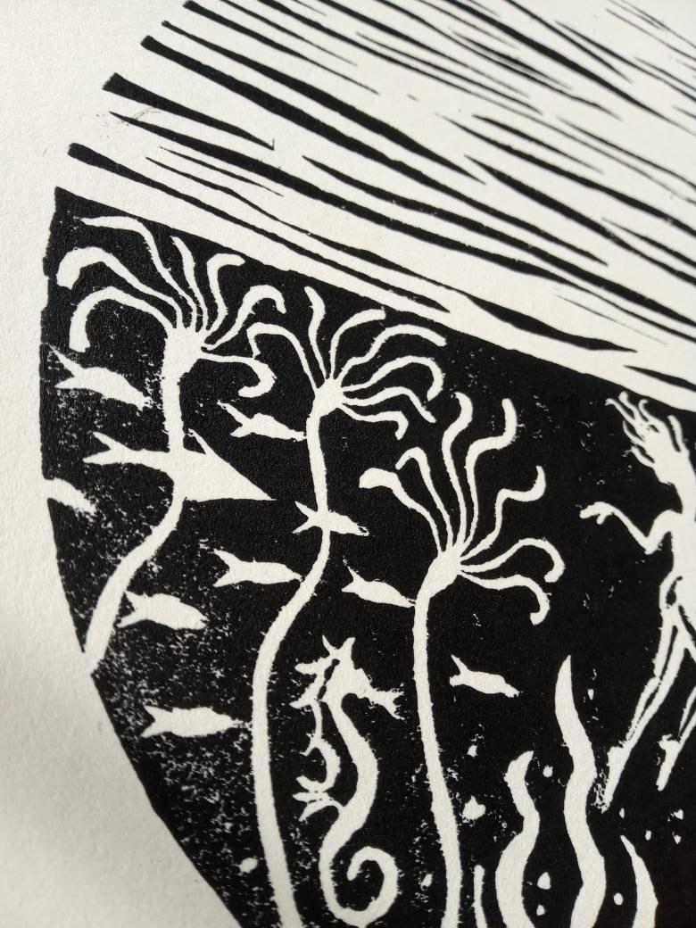 Underwater Garden Print, Linocut Print, Lino Art, Sea Themed Art Print ...