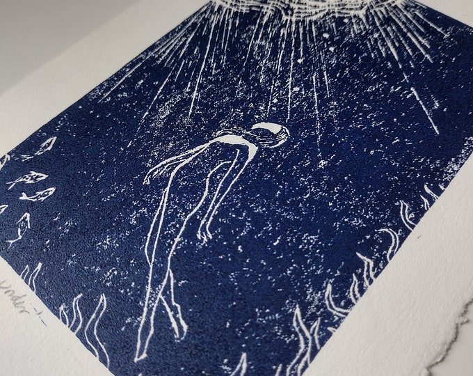 Deep Down Under Linocut Art Print, Handprinted Lino Wall Art, Diving ...