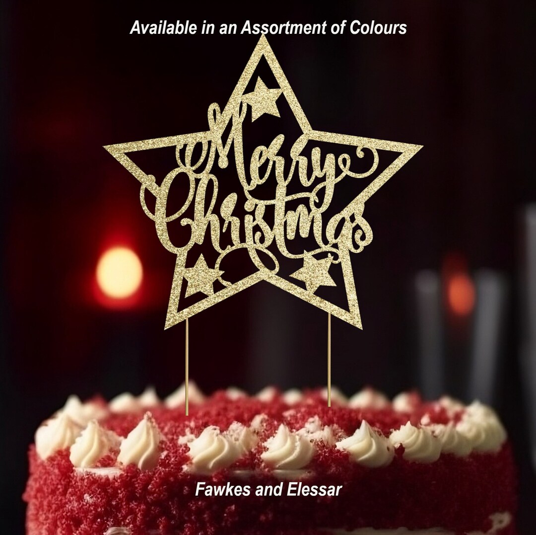 Merry Christmas Script Font in Star Cake Topper in Glitter Card | 24 Colour Choices | 6 Inches ...