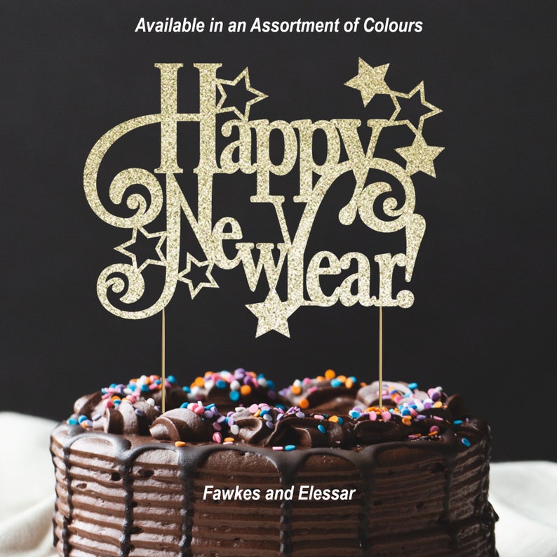 Happy New Year in Script Font With Stars Cake Topper in Glitter Card ...