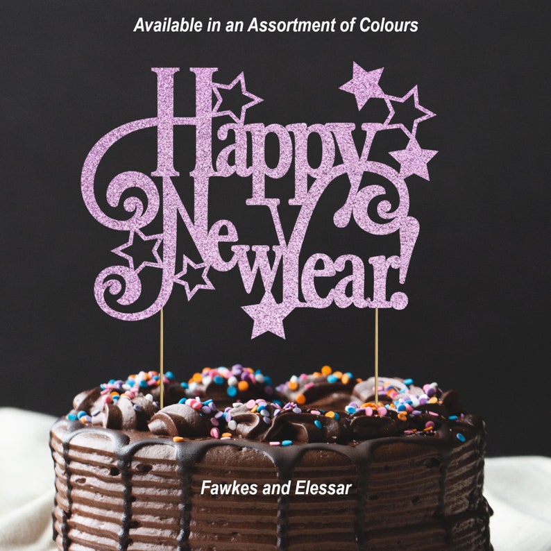 Happy New Year in Script Font With Stars Cake Topper in Glitter Card ...