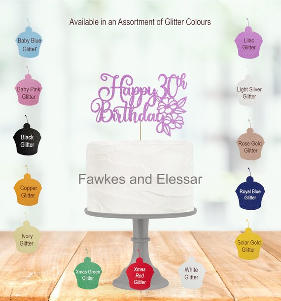Happy 30th Birthday Cake Topper With Flower Design in Glitter - Etsy